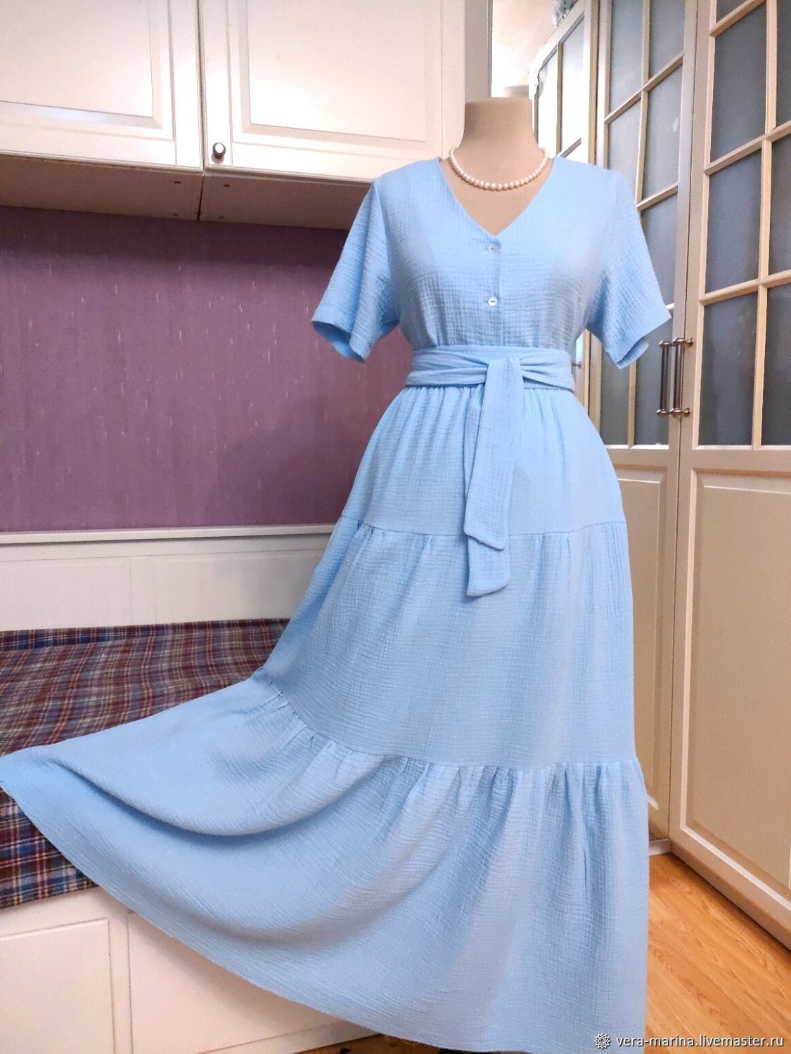 Хлопковое платье из муслина макси Голубое в интернет-магазине Ярмарка ...