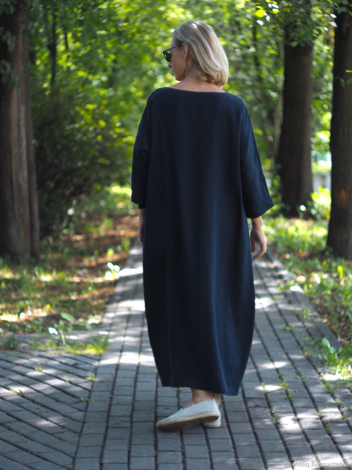 Льняное платье.Темно-синее с контрастной красной тесьмой купить в ...