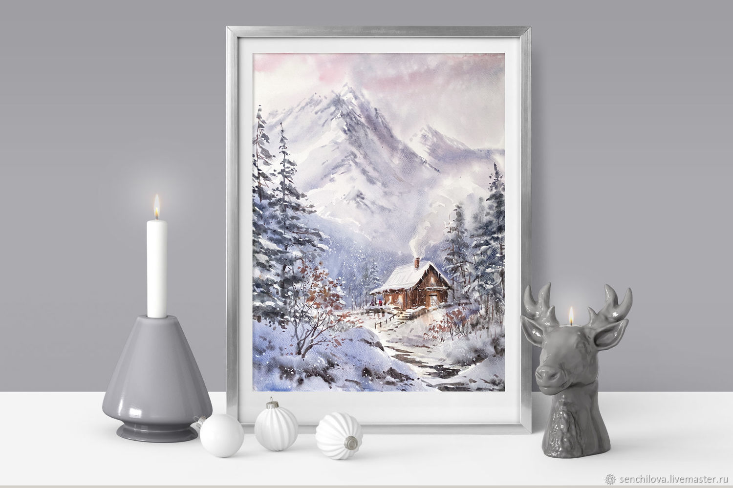 Картина акварелью " Рождество в горах" новогодний пейзаж в интернет ...