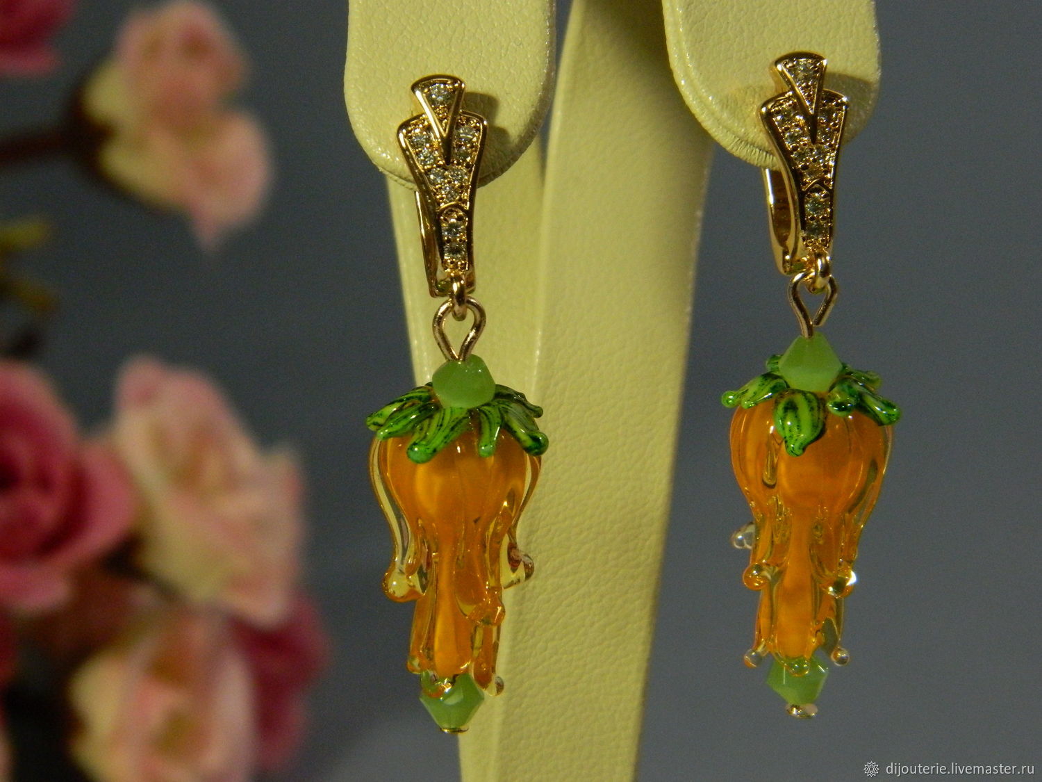 Серьги "Розы" Лемпворк, позолота, фианиты – купить на Ярмарке Мастеров – IB2VFRU | Серьги ...