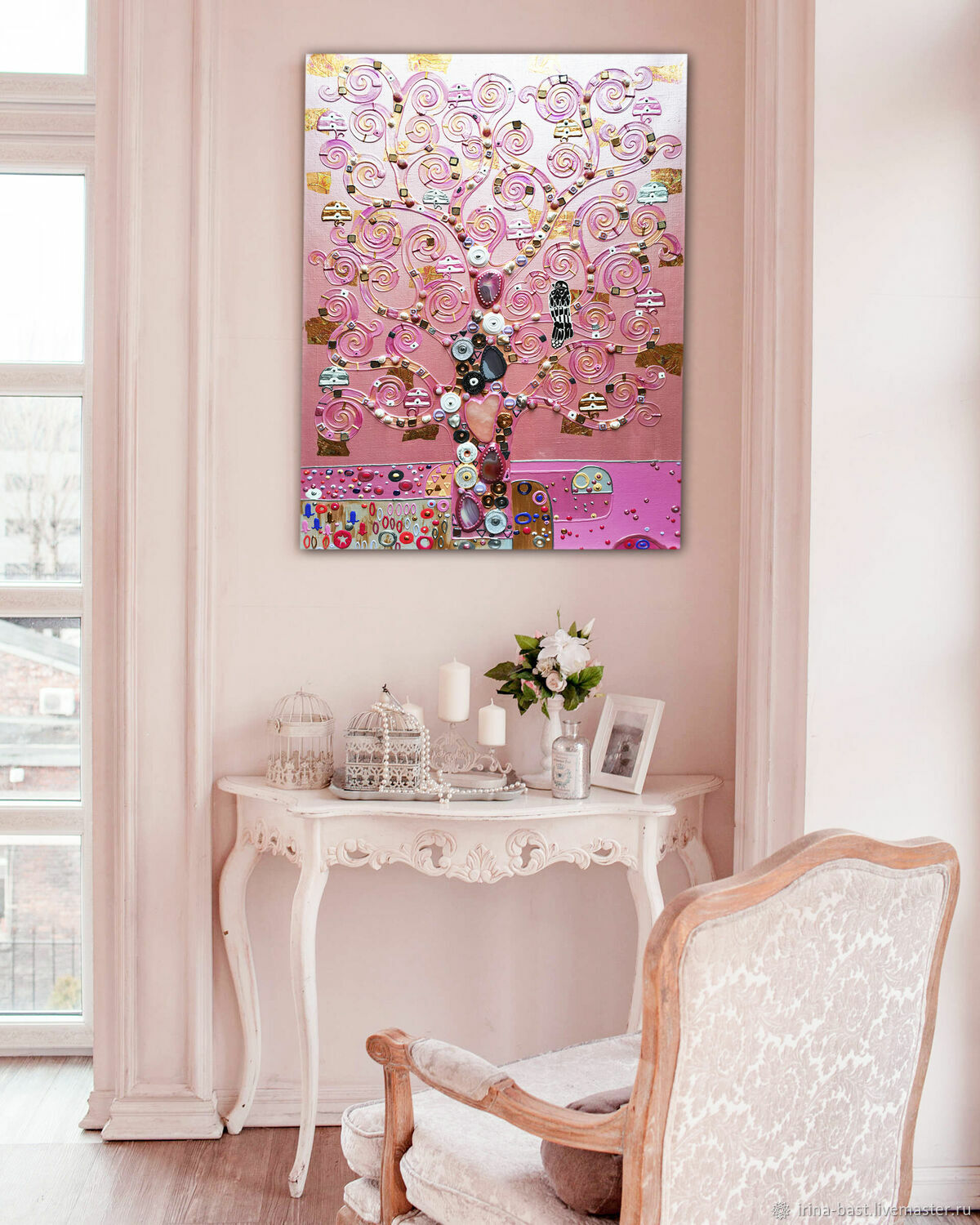 Древо жизни. Густав Климт. Розовая картина с полудрагоценными камнями ...