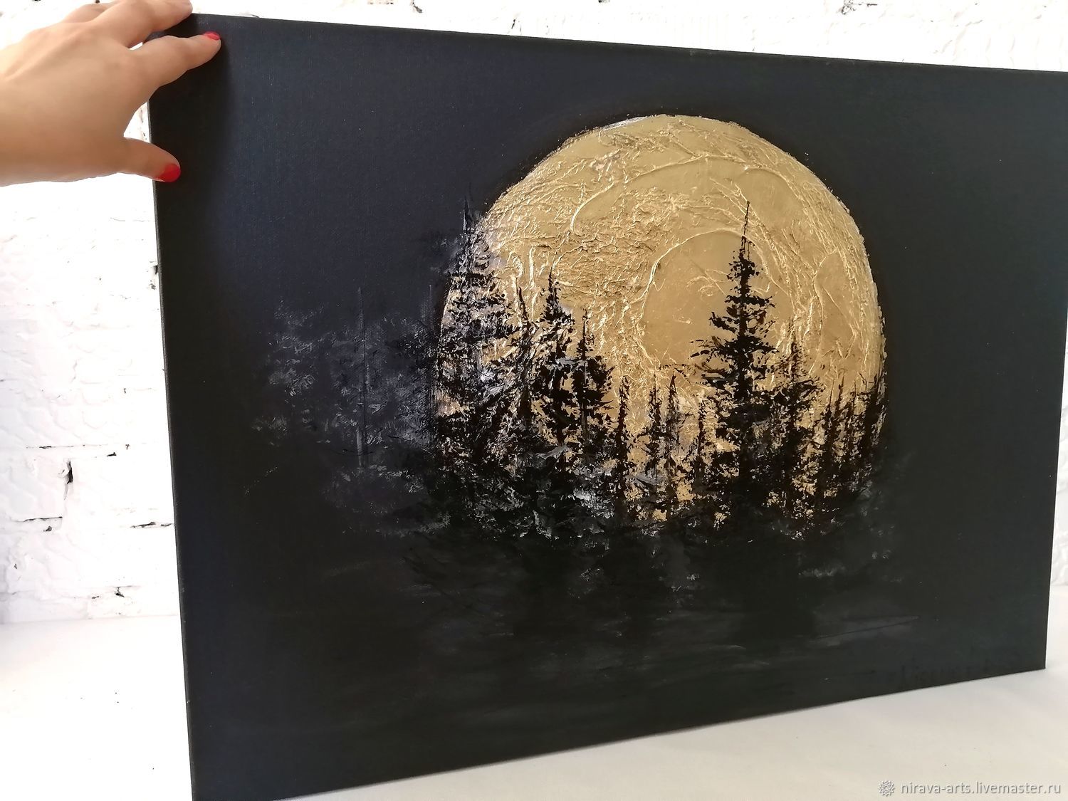 Картина ночное небо и золотая луна в лесу картина Луна заказать на Ярмарке Мастеров P6zgiru