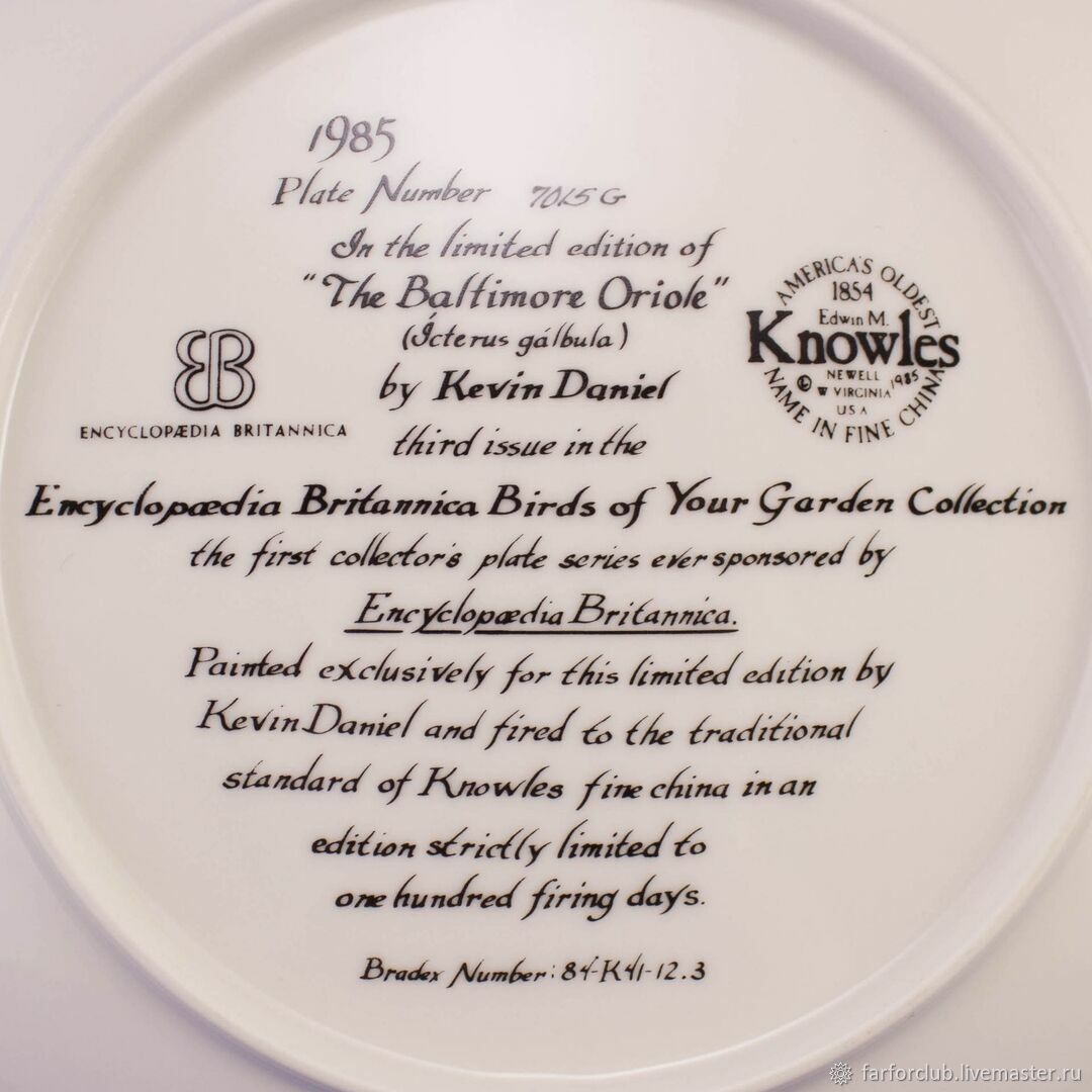 Винтаж: Тарелка Edwin M. Knowles 7015 G"The Baltimore Oriole" в интернет-магазине Ярмарка ...