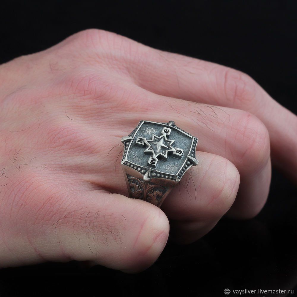 Серебряное кольцо 925 пробы с изображением: лев, орел, роза ветров в ...