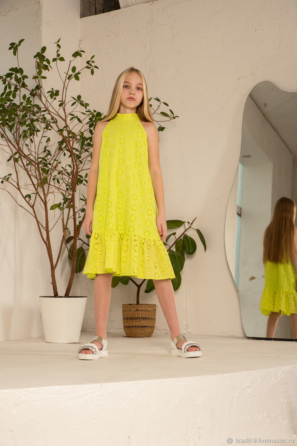 Хлопковое платье из шитья для девочек на лето цвета лайм в интернет ...