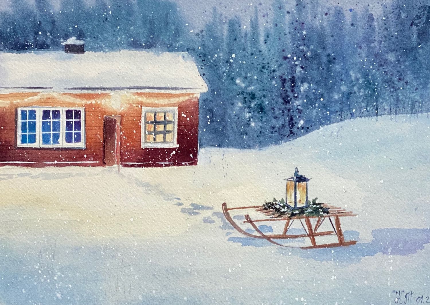 Новогодний скандинавский пейзаж акварелью в интернет-магазине на ...