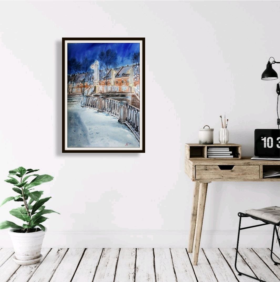 Картина акварелью новогодний мост Семимостье зимний пейзаж в интернет ...