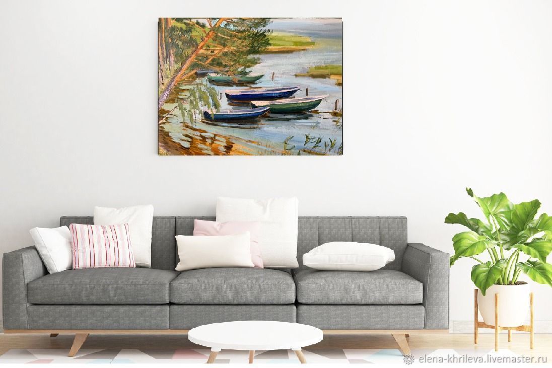 Картина Лесное озеро Рыбачьи лодки пейзаж маслом 45х60 см в интернет ...