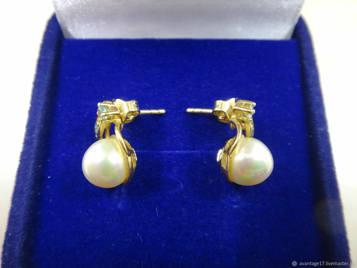 Винтаж: Милейшие серьги-пусеты, серебро 925 пр., позолота, жемчуг ...