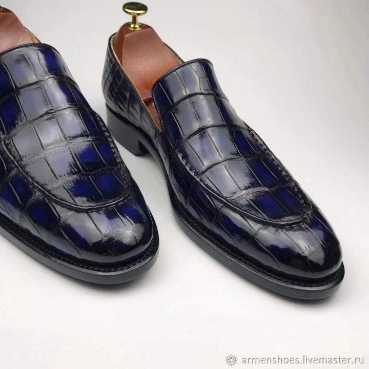 Лоферы мужские, из натуральной кожи крокодила, в тёмно - синем цвете ...
