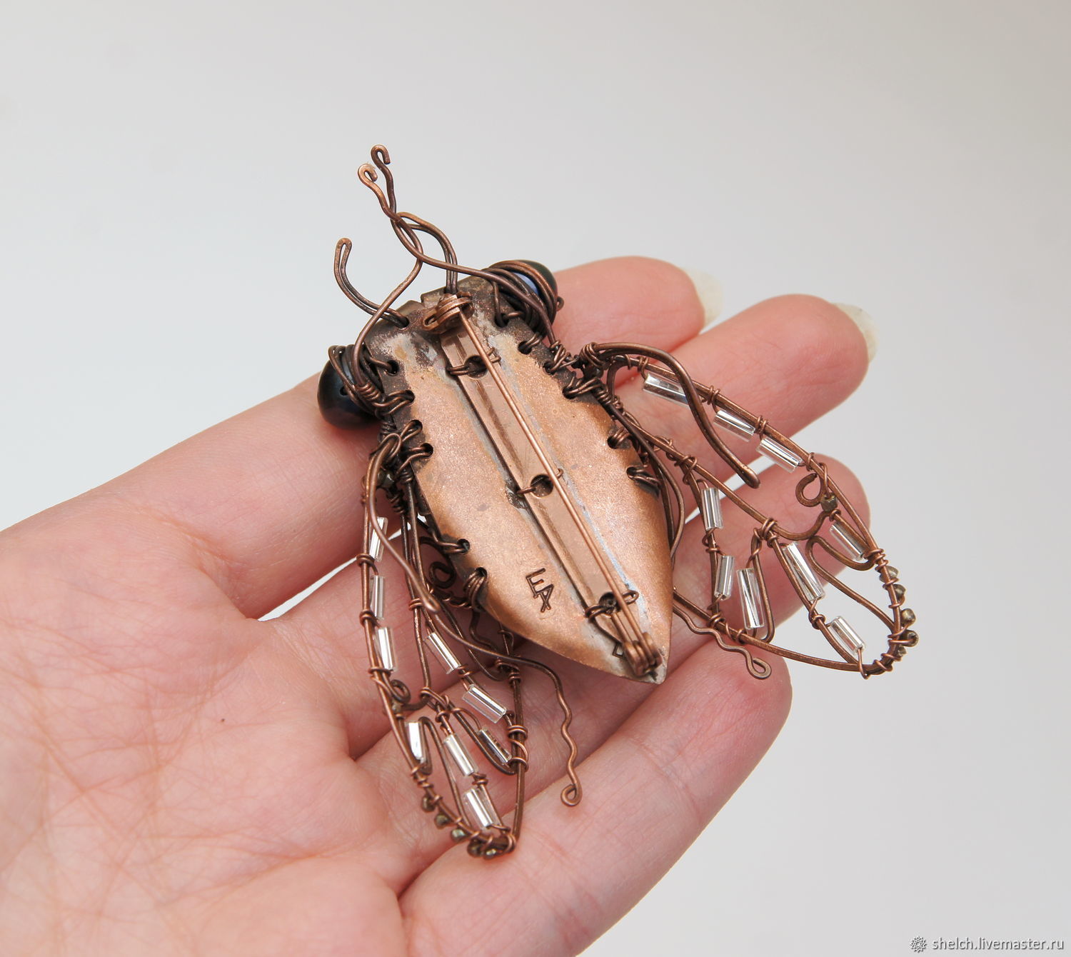 Брошь Муха (брошь мушка авторская медь металл камни жемчуг wire wrap ...