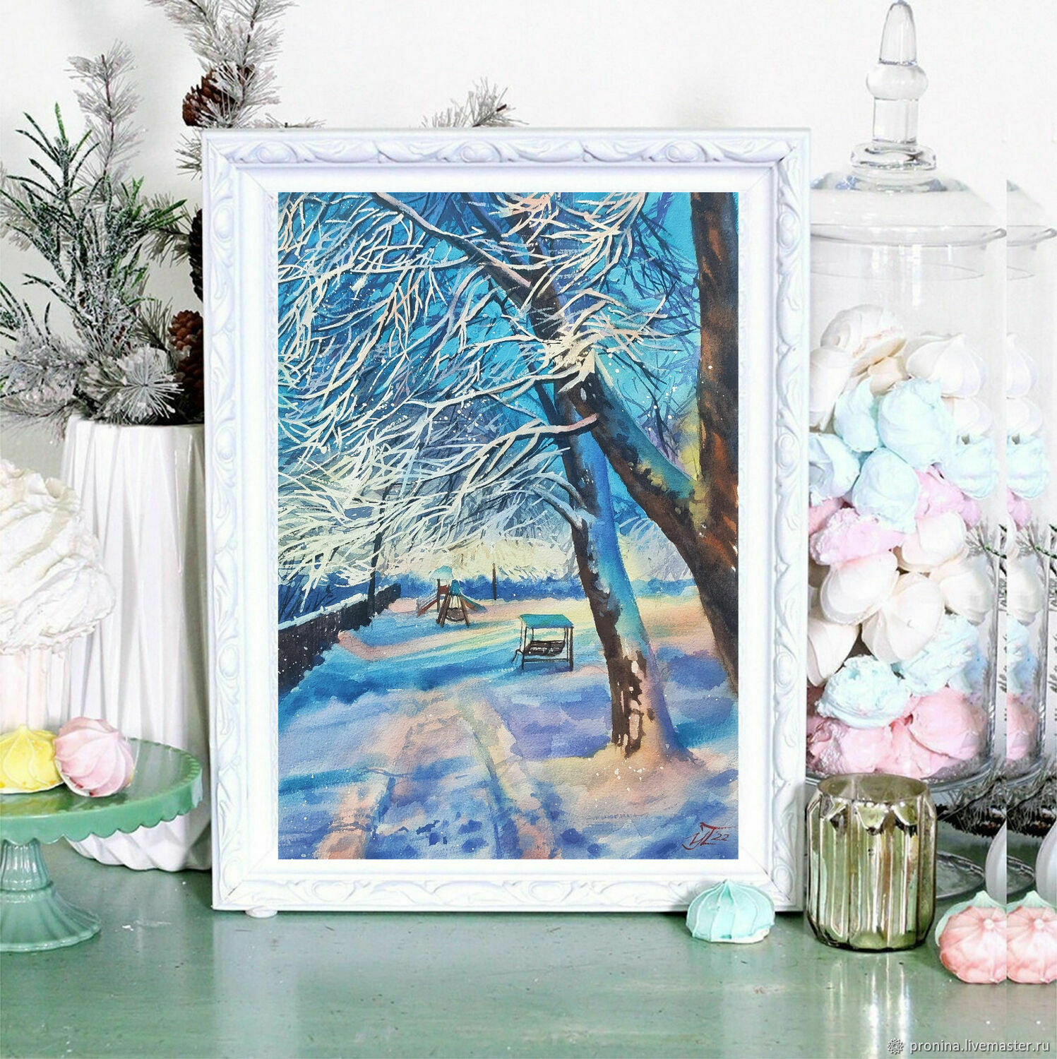 Картина Новогодний вечер. Картина зимы в голубых тонах – купить онлайн ...