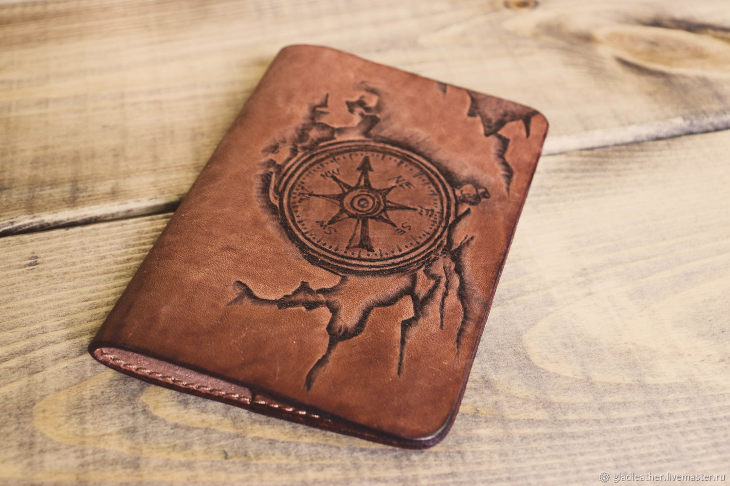 Leather passport cover with pyrography Compass – shop online on ...