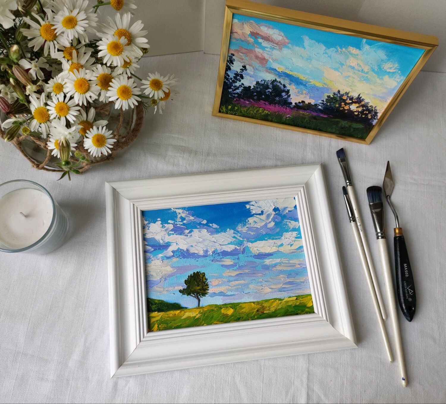 Картина маслом летний пейзаж мастихином холст на картоне 15х20 см в интернет магазине на